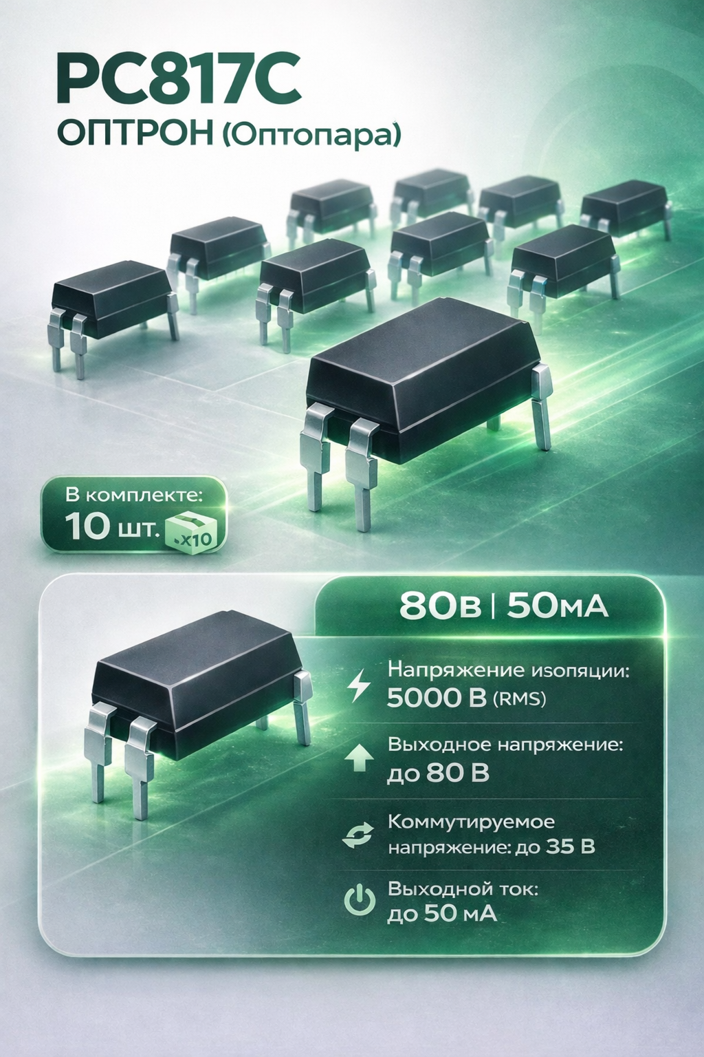 Оптрон (оптопара) транзистор PC817C (PC817-C), в корпусе DIP4 80В 50мА, в комплекте 10 штук (Ф)