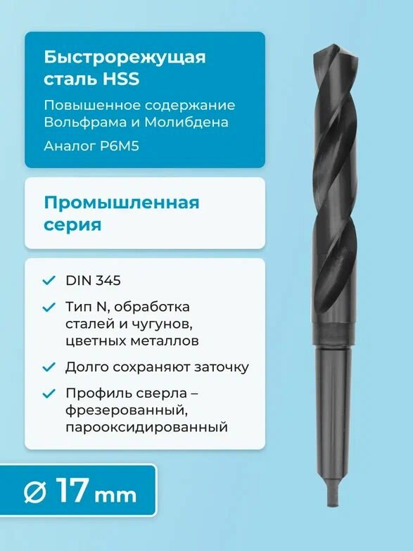 Сверло по металлу 17 мм NORGAU Industrial спиральное HSS фрезерованное с хвостовиком-конус Морзе, правое, DIN 345