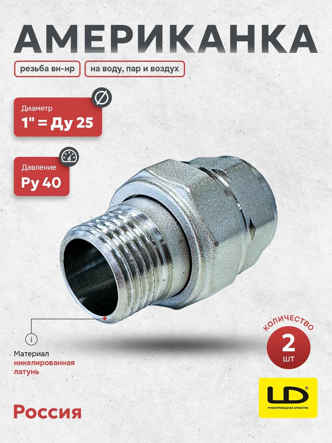 Разъемное соединение "американка" латунь никель 1" Ду25 ВН-НР набор 2шт LD Pride