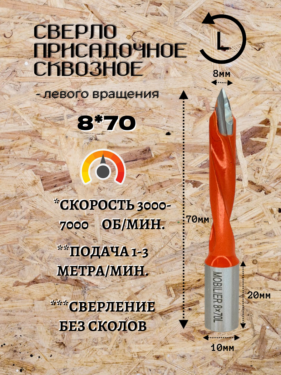 Сверло присадочное сквозное левого вращения 8*70 S10*H20 LH