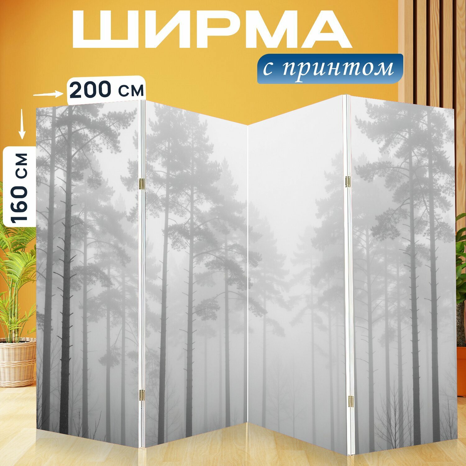 Ширма "Туманный сосновый лес. Серый лесной пейзаж с высокими хвойными стволами в густом утреннем тумане." перегородка для зонирования комнаты с принтом 200x160 см. на холсте