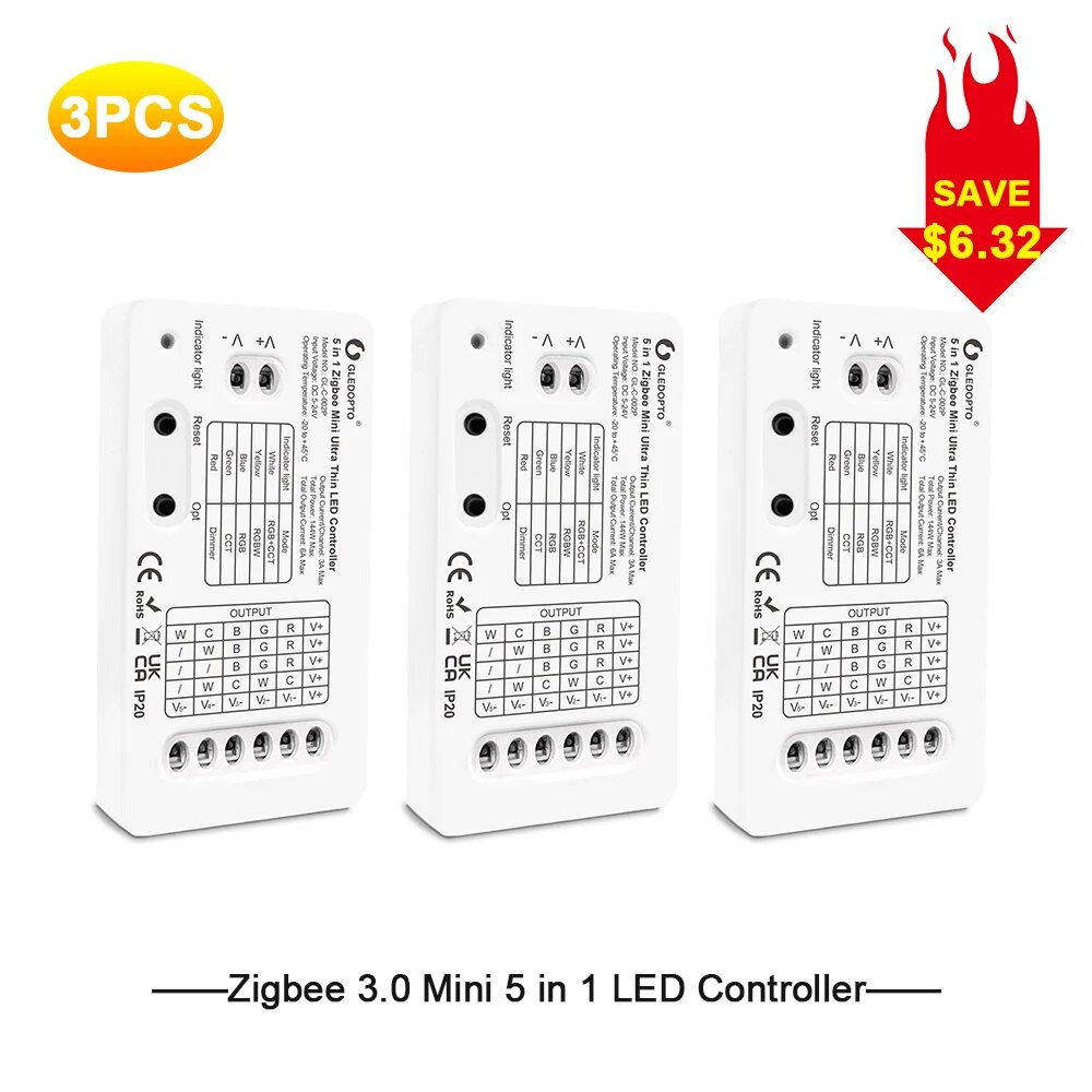 Gledopto Zigbee 3.0 Mini 5 в 1 контроллер для светодиодной ленты (3шт)