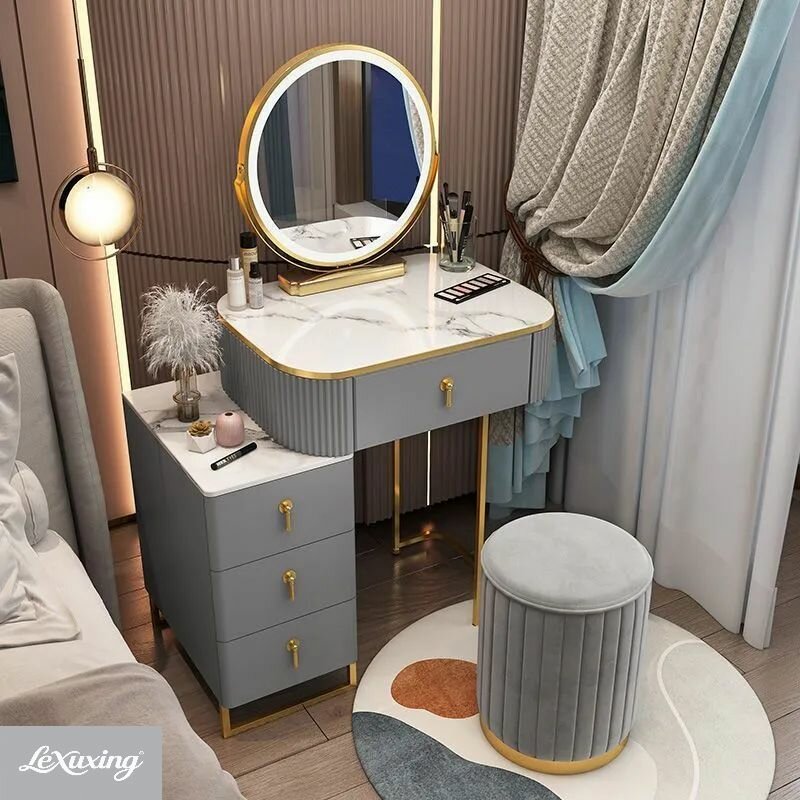 Туалетный столик с подсветкой и выдвижными ящиками, трёхцветное зеркало, комплект с табуретом, угловая система хранения косметики и украшений, подарок женщине