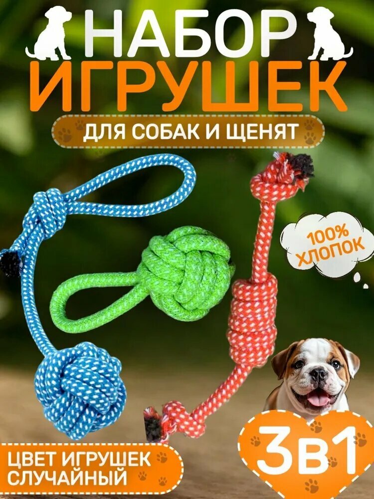 Игрушки для собак мелких, средних пород и щенков. Развивающий набор игрушек для собак и щенков из каната 3 шт/ канат хлопковый, грейфер булава/для тренировок, игры и чистки зубов