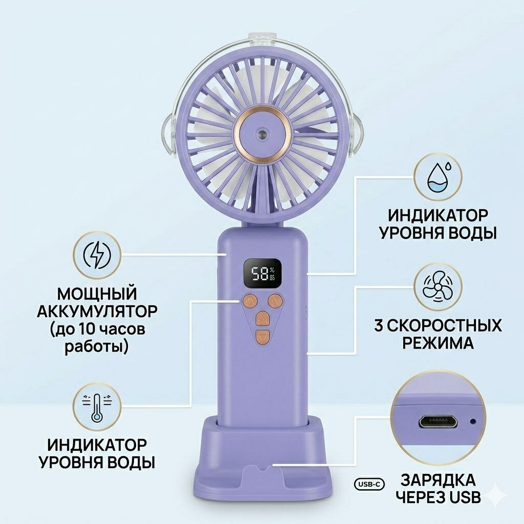 Вентилятор настольный, с увлажнителем, 3 скоростей, USB, 5ч работы