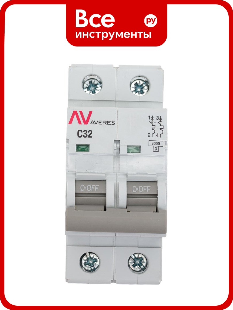 Автоматический выключатель EKF AV-6, 2P, 32A, 6kA, AVERES, SQ mcb6-2-32C-av, модульный DIN‑рейковый тип C, серый корпус