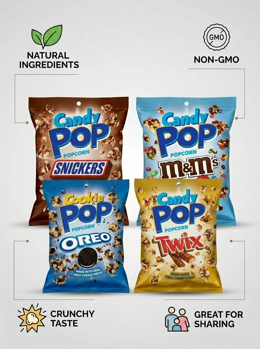 Набор Попкорна Candy Pop Snickers Twix Oreo M&M's/ Кенди Поп 4x28 гр.