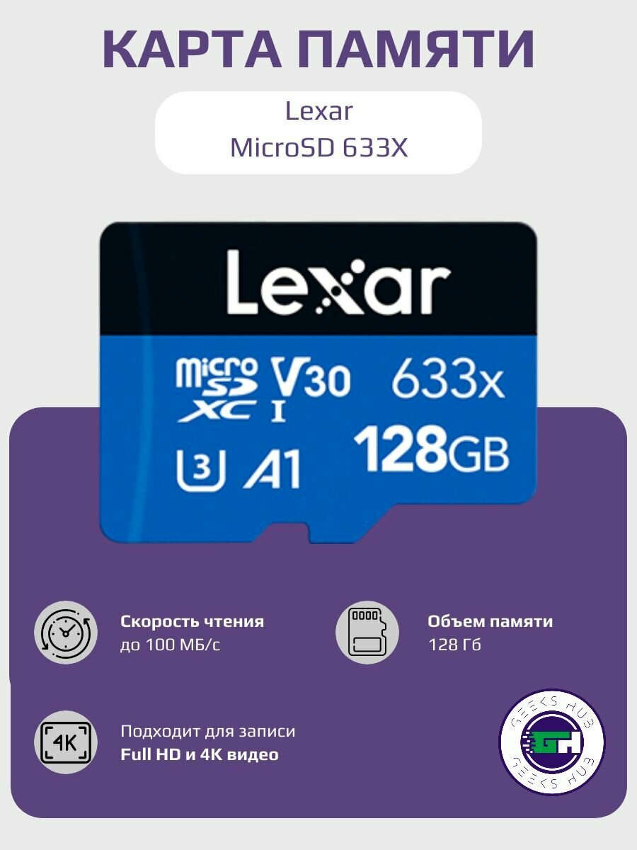 Карта памяти Lexar MicroSD 633X, 128 ГБ, скорость чтения до 100 МБ/с