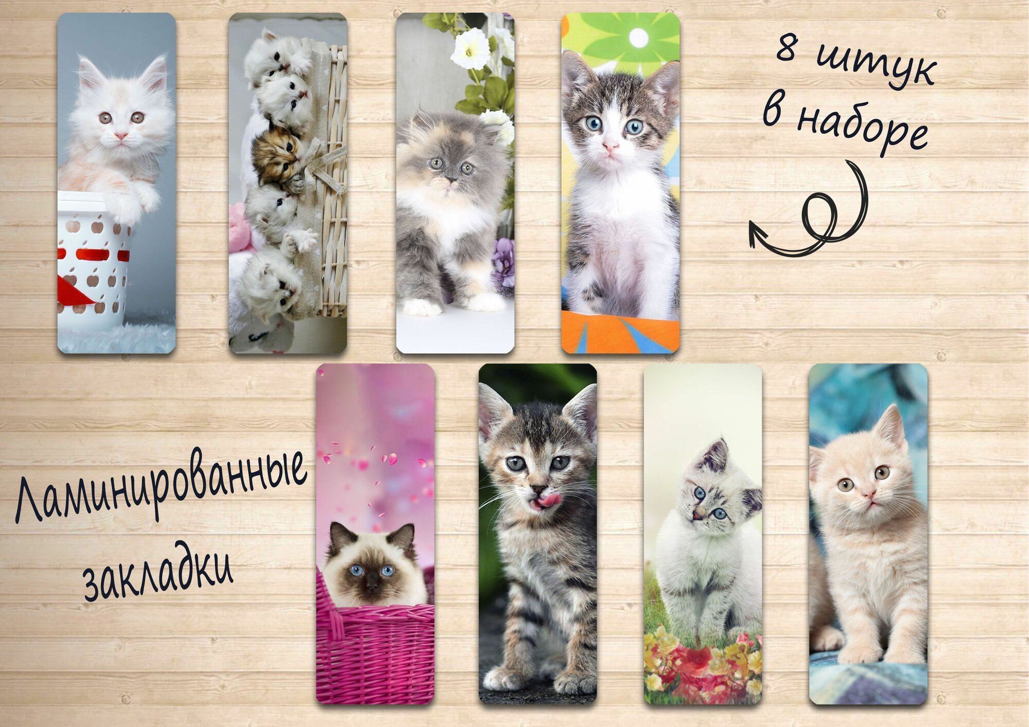 Закладки для книг "Котики", набор из 8 штук, ламинированные .