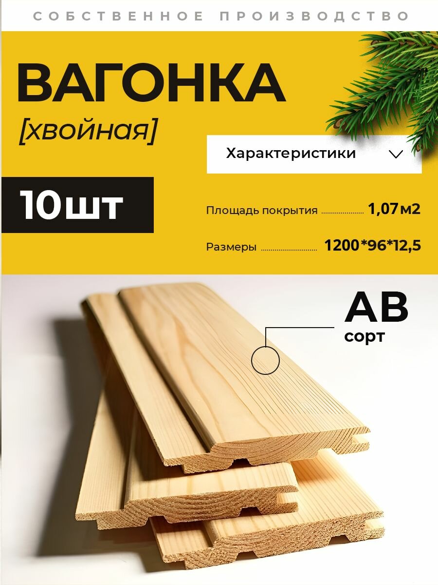 Вагонка евро Хвоя 1200х96х12,5мм / 10 штук (1,07м2)