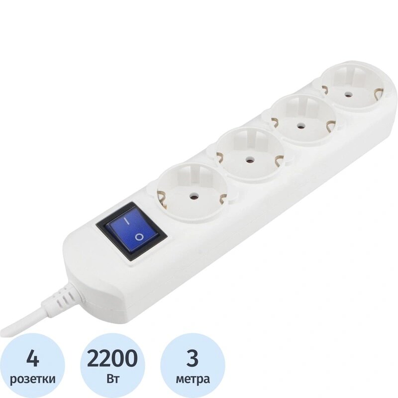 Удлинитель Power Cube 4р/3м с/з с выкл 10А бел (PC-4B-3M)