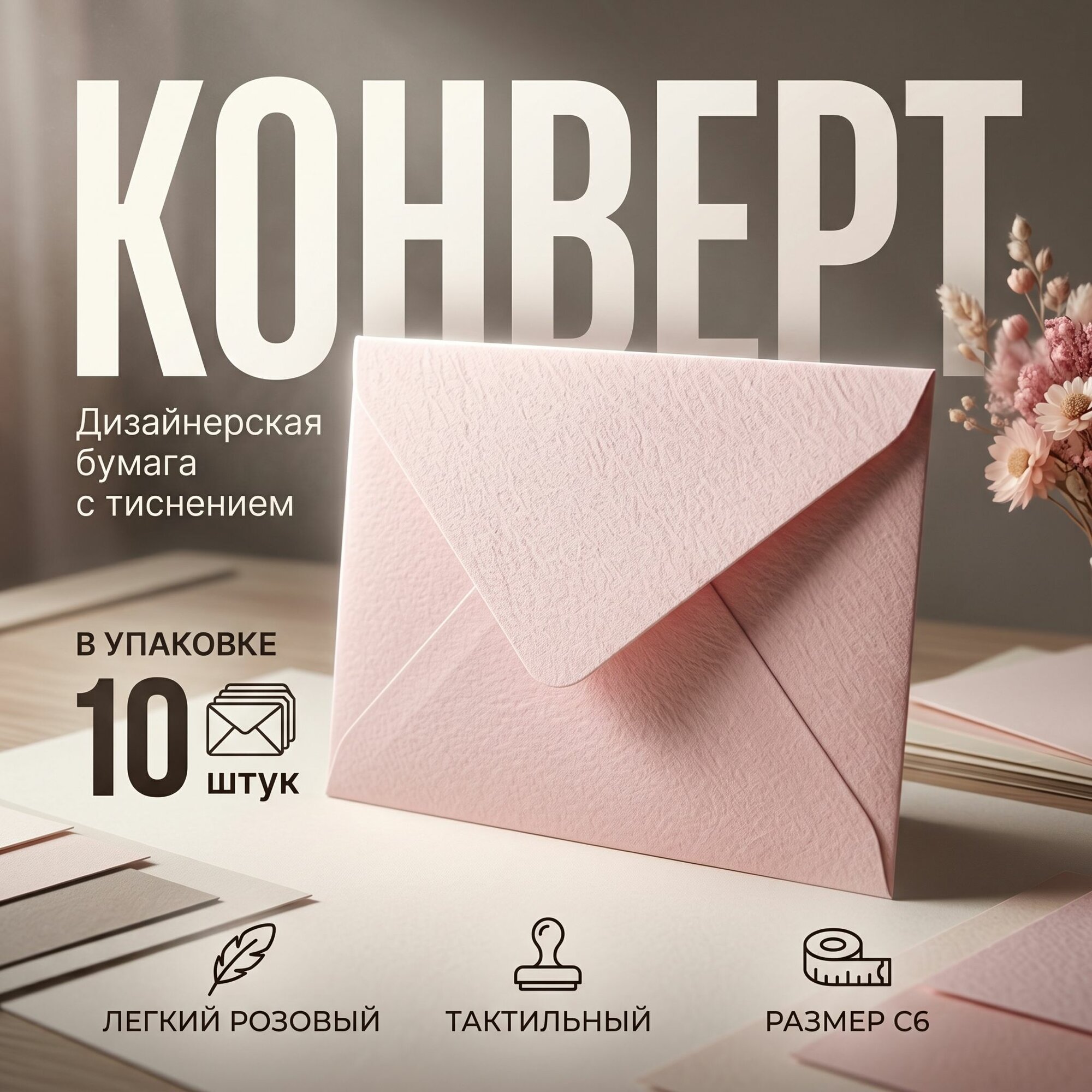 Конверт С6 (114х162мм) из дизайнерской бумаги, светло-розовый (с тиснением)