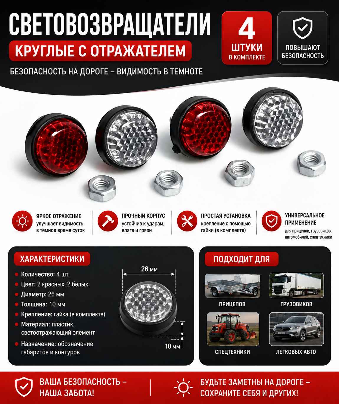 Болты катафоты для крепления номерного знака 4 шт. световозвращателем