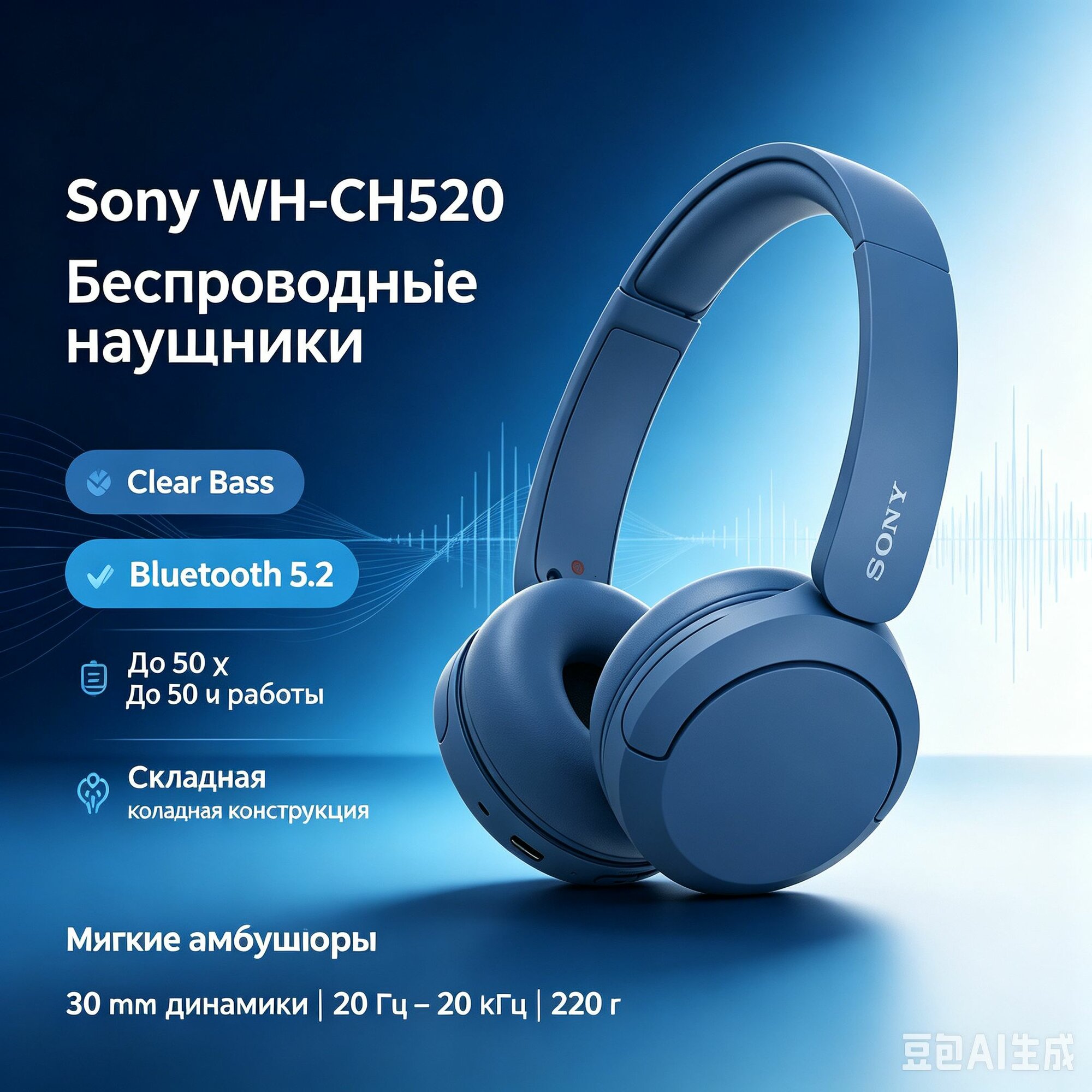 Sony Наушники беспроводные с микрофоном SONY WH-CH520, Bluetooth, USB Type-C, синий bluetooth наушники usb type-c синий