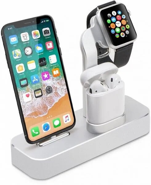 Док-станция для телефонов Lightning и Airpods/Watch COTEetCI Base 19 3in1 Серебристая