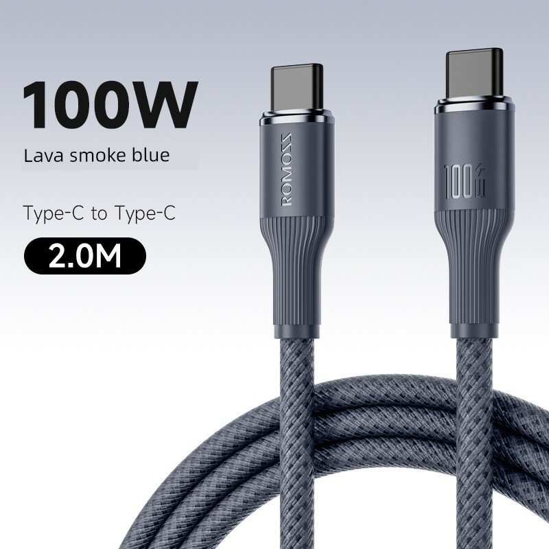 ROMACE 100W USB-C к USB-C Быстрая зарядка Кабель 2 м Титаново-синий для iPhone 15/16/17 Совместимый