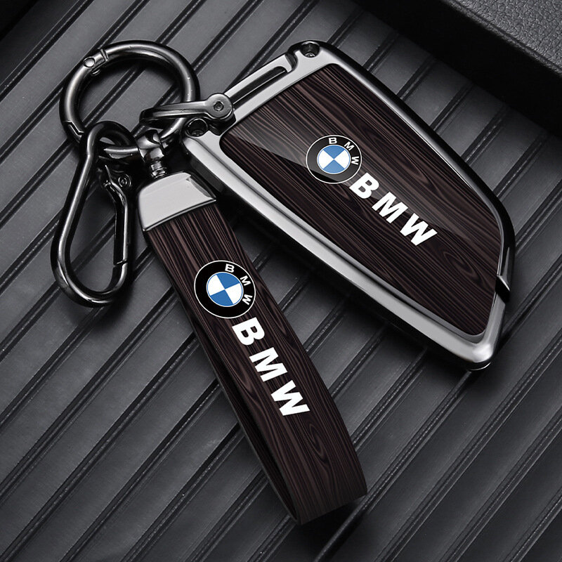 Чехол для ключа BMW 2023-2024 X7, i7, X5, iX - деревянная текстура серая с кожаным кольцом