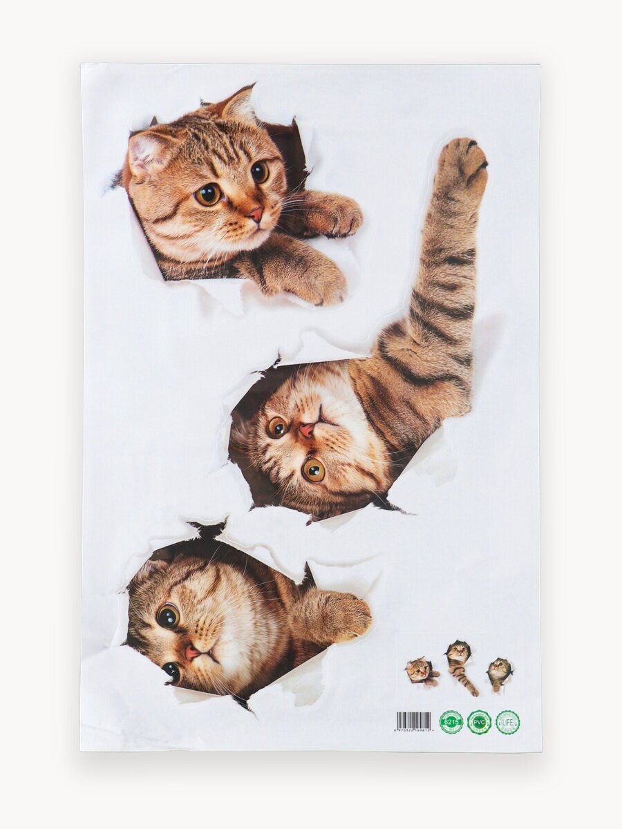 Наклейка интерьерная 3D на стену TAKE IT EASY "Три котика" размер 60×40 см