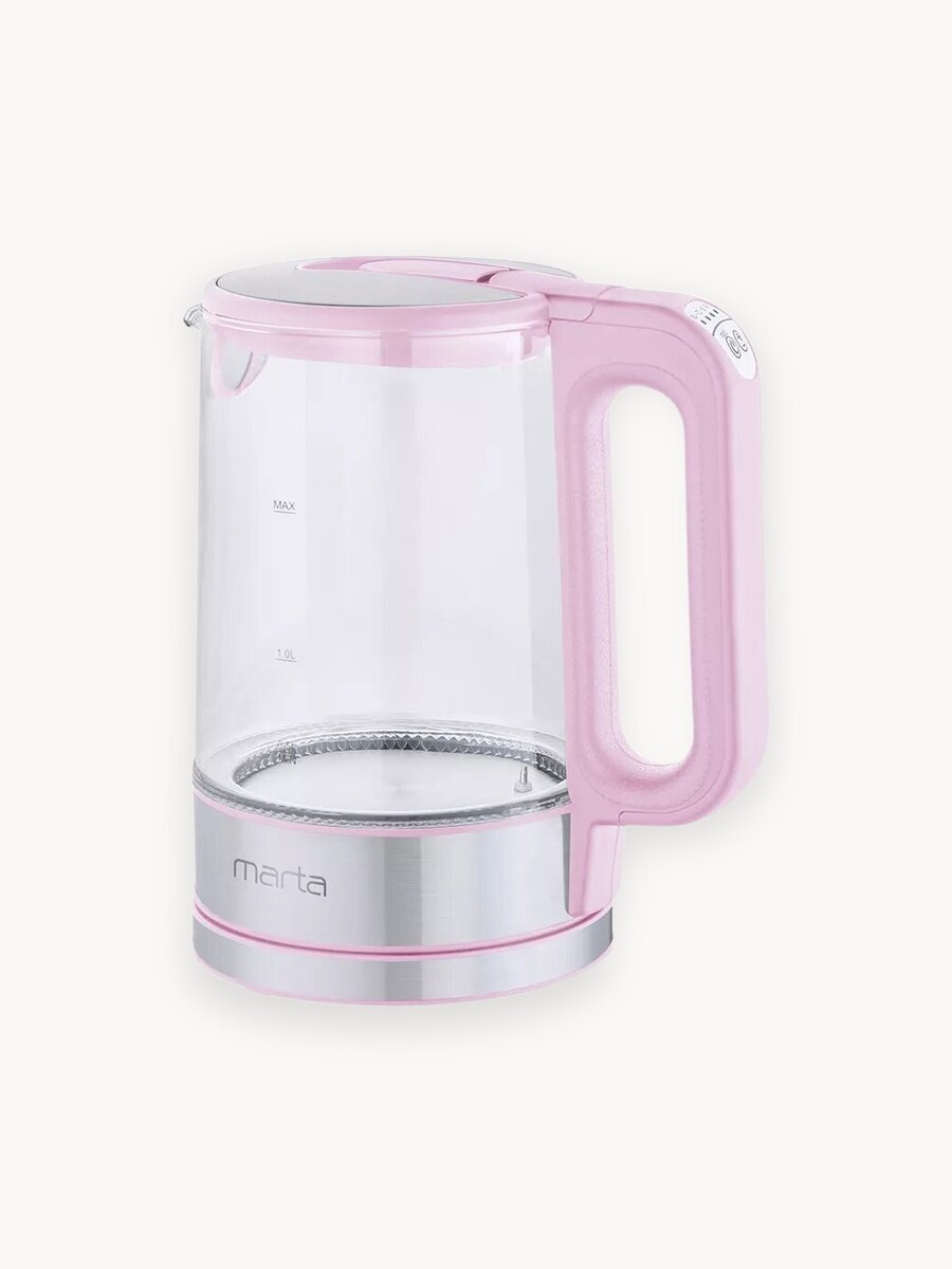 Электрический чайник MARTA MT-4609 розовый стеклянный с подсветкой, 1,8 л