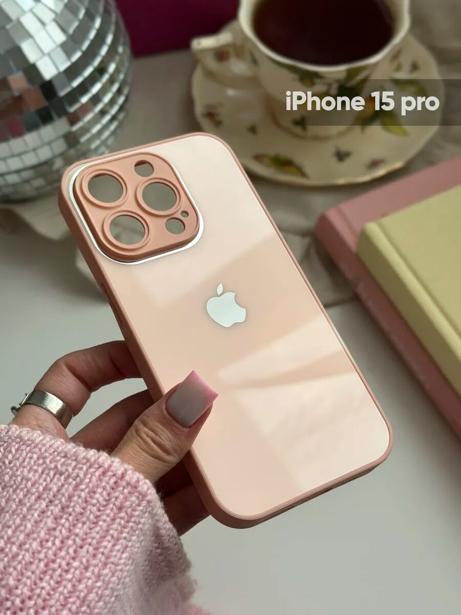 Чехол для iPhone 15 Pro стеклянный кремовый, защитная накладка для телефона