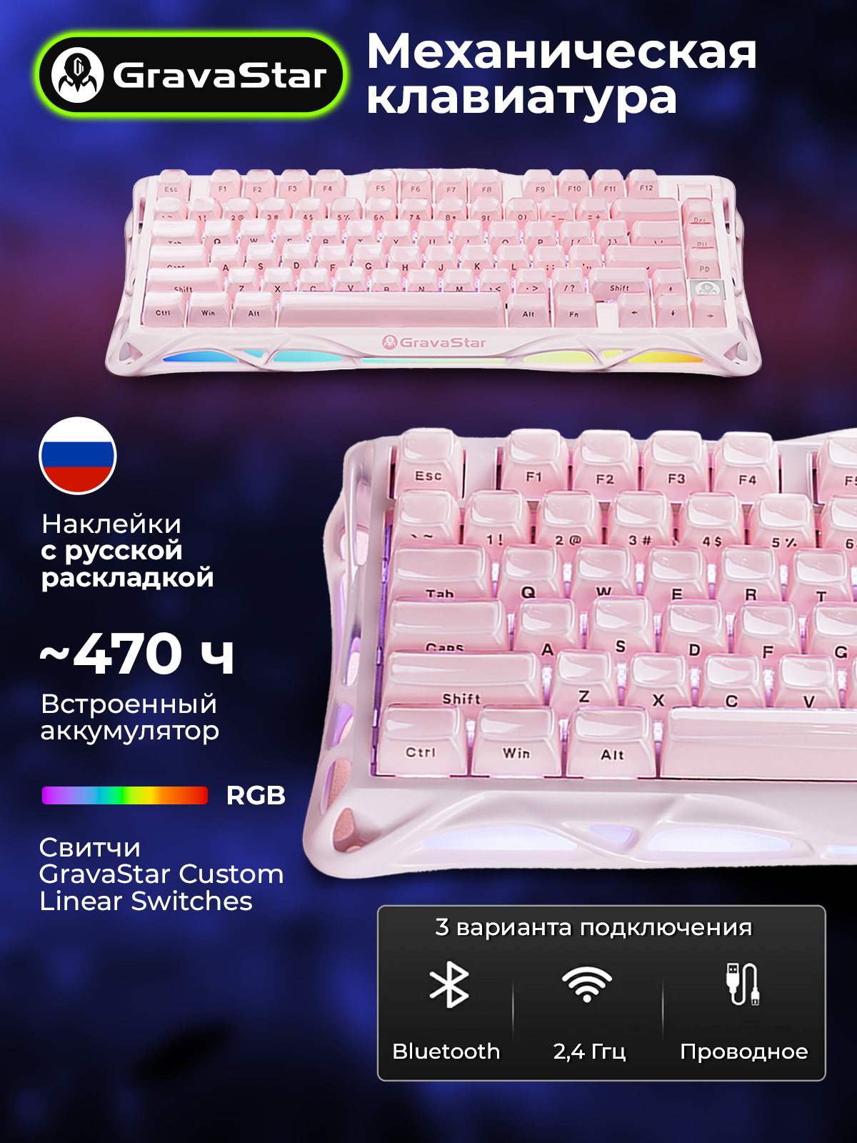 Беспроводная игровая клавиатура Gravastar Mercury K1 P PNK, 3 вида подключения: Bluetooth, 2,4 ГГц, USB, RGB подсветка