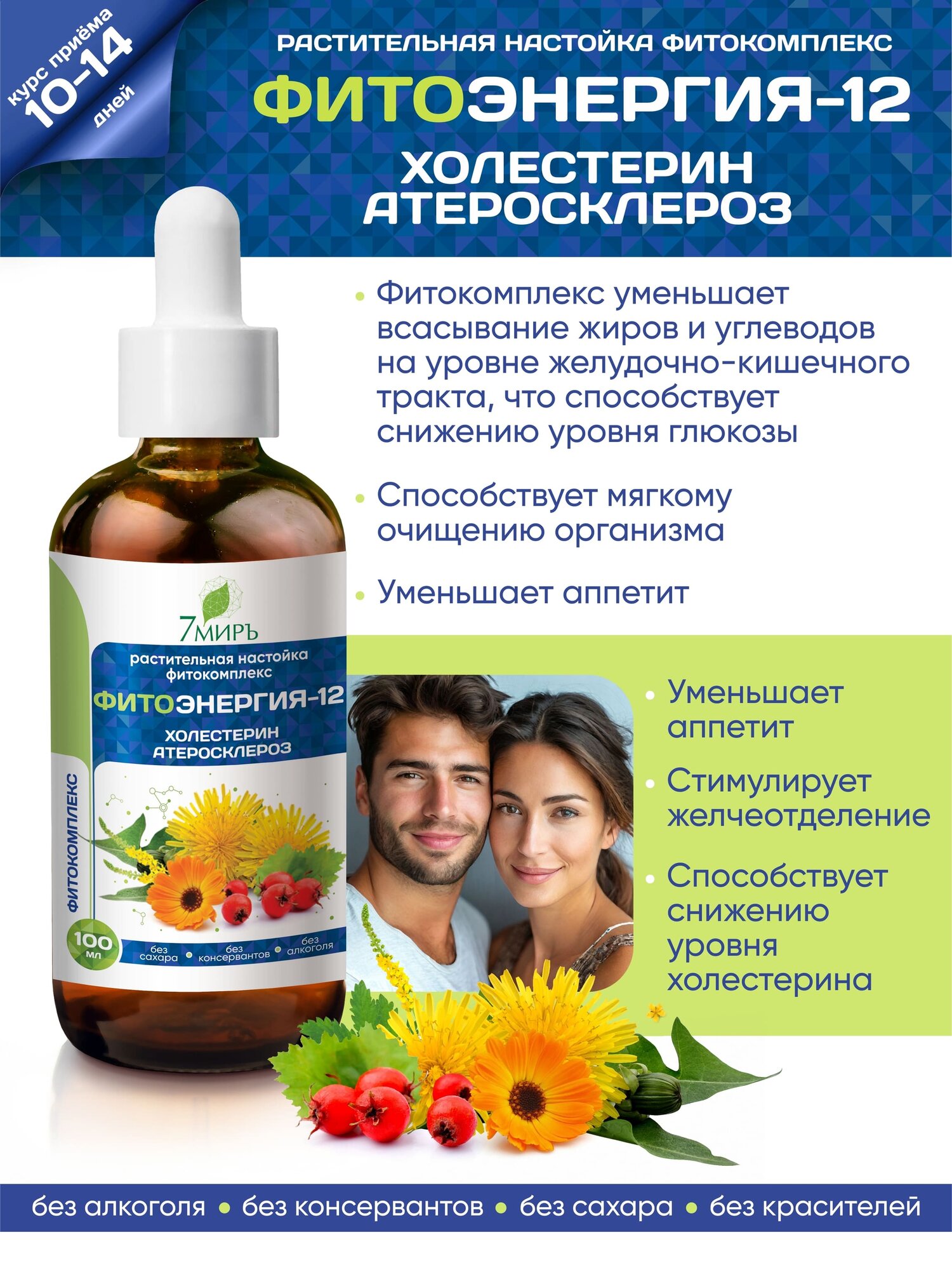 Растительная настойка Фито энергия-12: Холестерин, атеросклероз, фитокомплекс, 100 мл 7МИРЪ / органикмиръ
