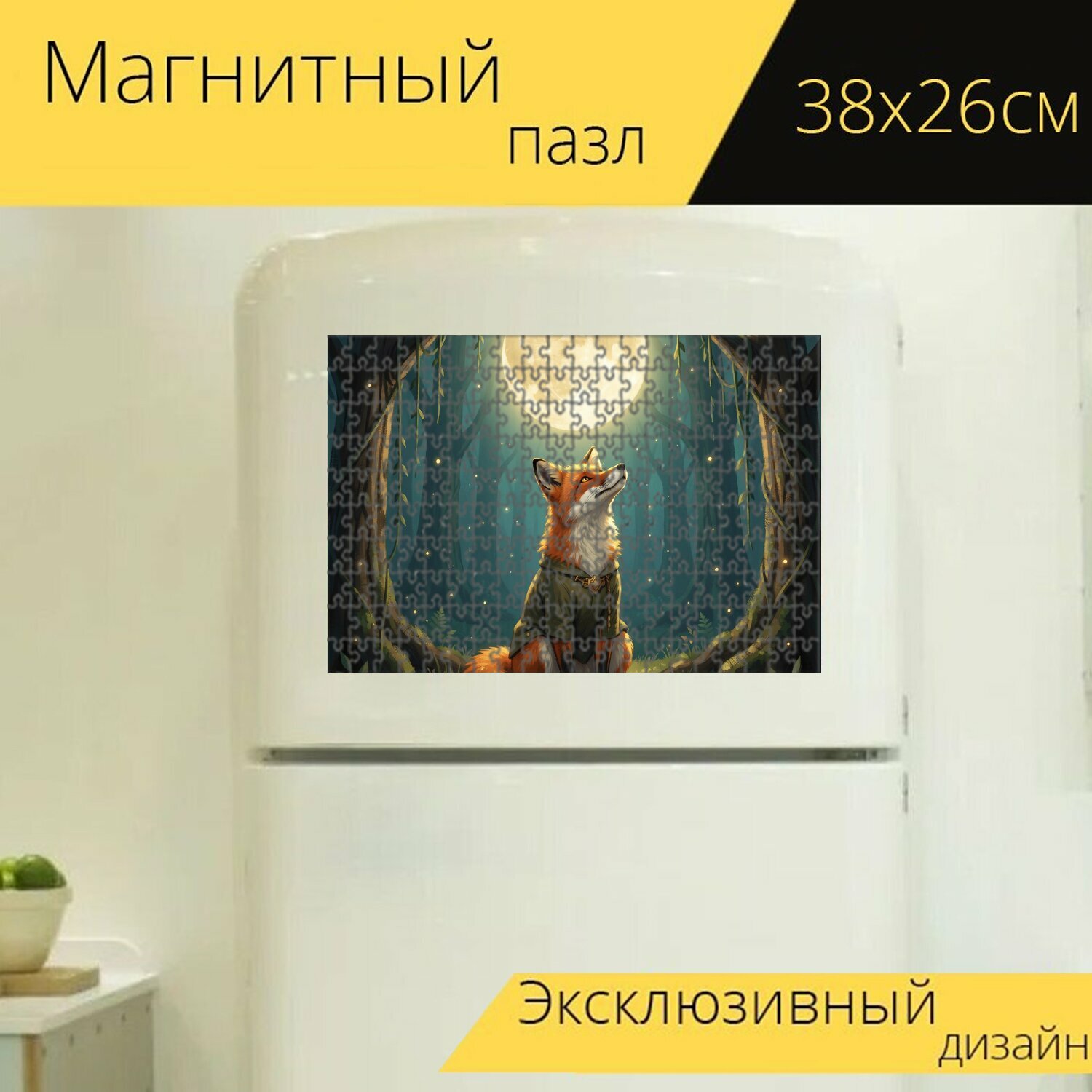 Магнитный пазл "Лиса в лунном лесу. Сказочная ночная сцена с рыжим зверем в зеленом наряде среди древних деревьев, мягкое сияние полной луны, светлячки." для интерьера, 38х26 см.