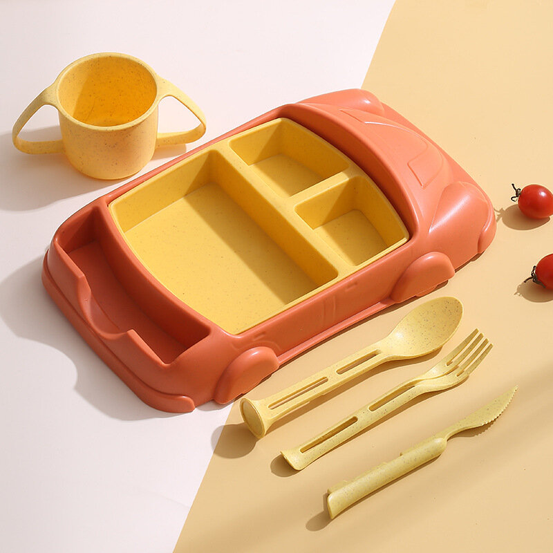 Набор детской посуды с тарелкой, ножом, вилкой, ложкой и чашкой - 6 предметов для детского сада, тарелка с разделителями в форме машинки, детская посуда с мультяшным рисунком для прикорма.