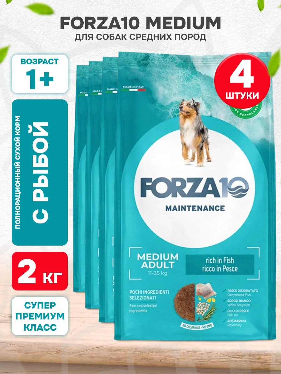 Корм сухой Forza10 Dog Maintenance Adult Medium для взрослых собак средних пород с рыбой, 2 кг х 4 шт