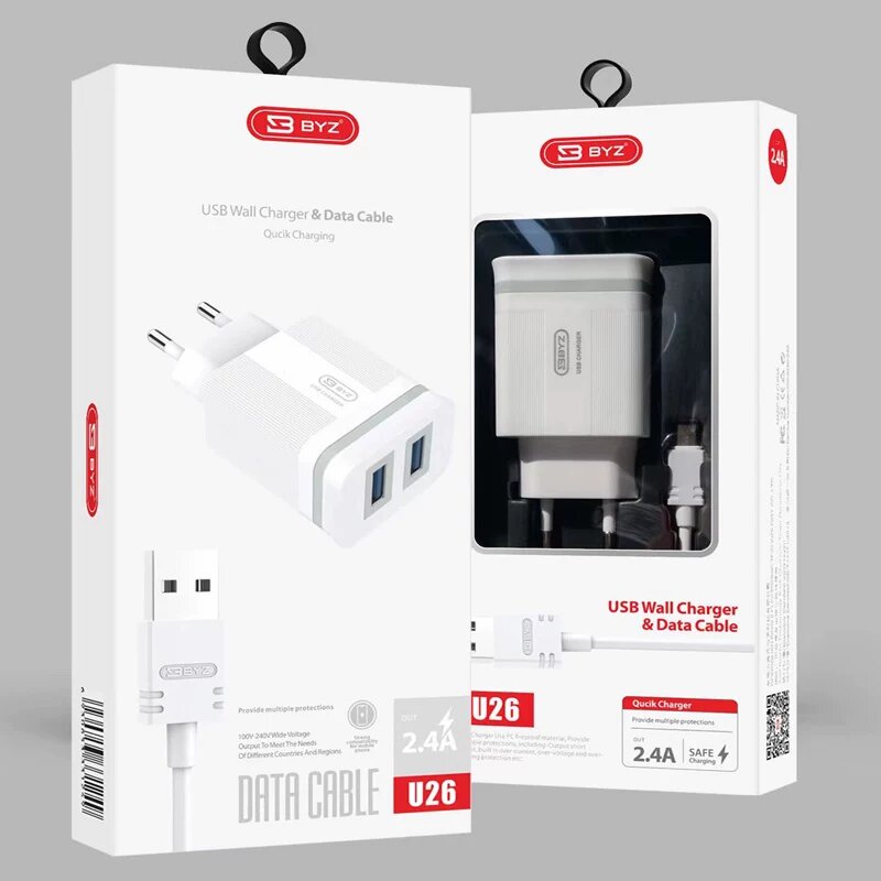 Европейский стандарт двухпортовый USB 2.4А адаптер с кабелем Android 1м белый для стран ЕС