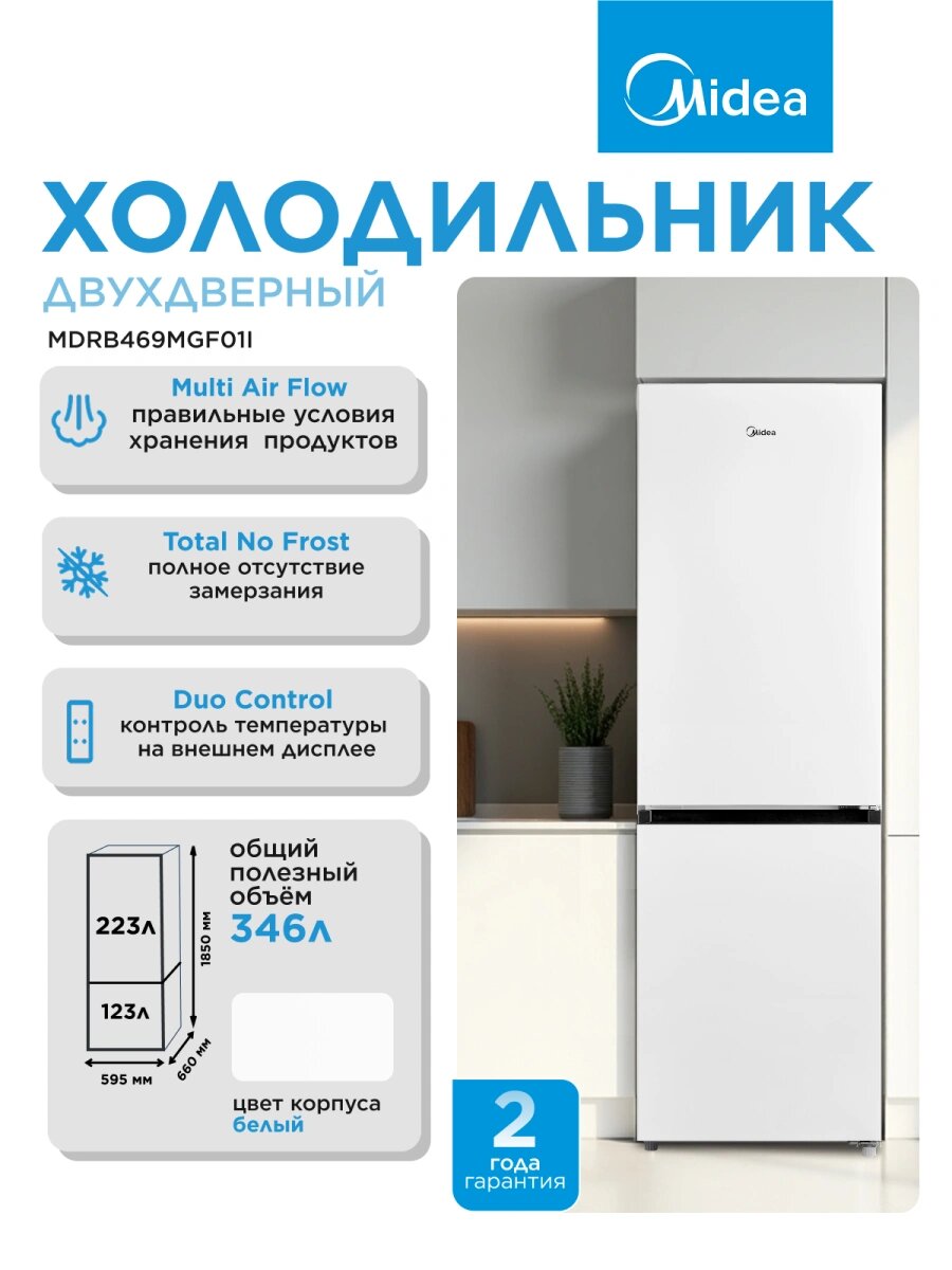 Холодильник Midea MDRB469MGF01I двухкамерн. общий объем 360л белый мат.