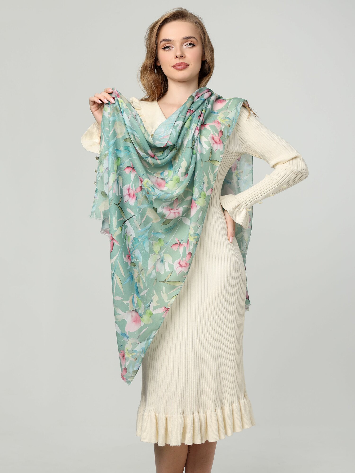 Палантин  для женщин,180х80 см, зеленый — фото 1