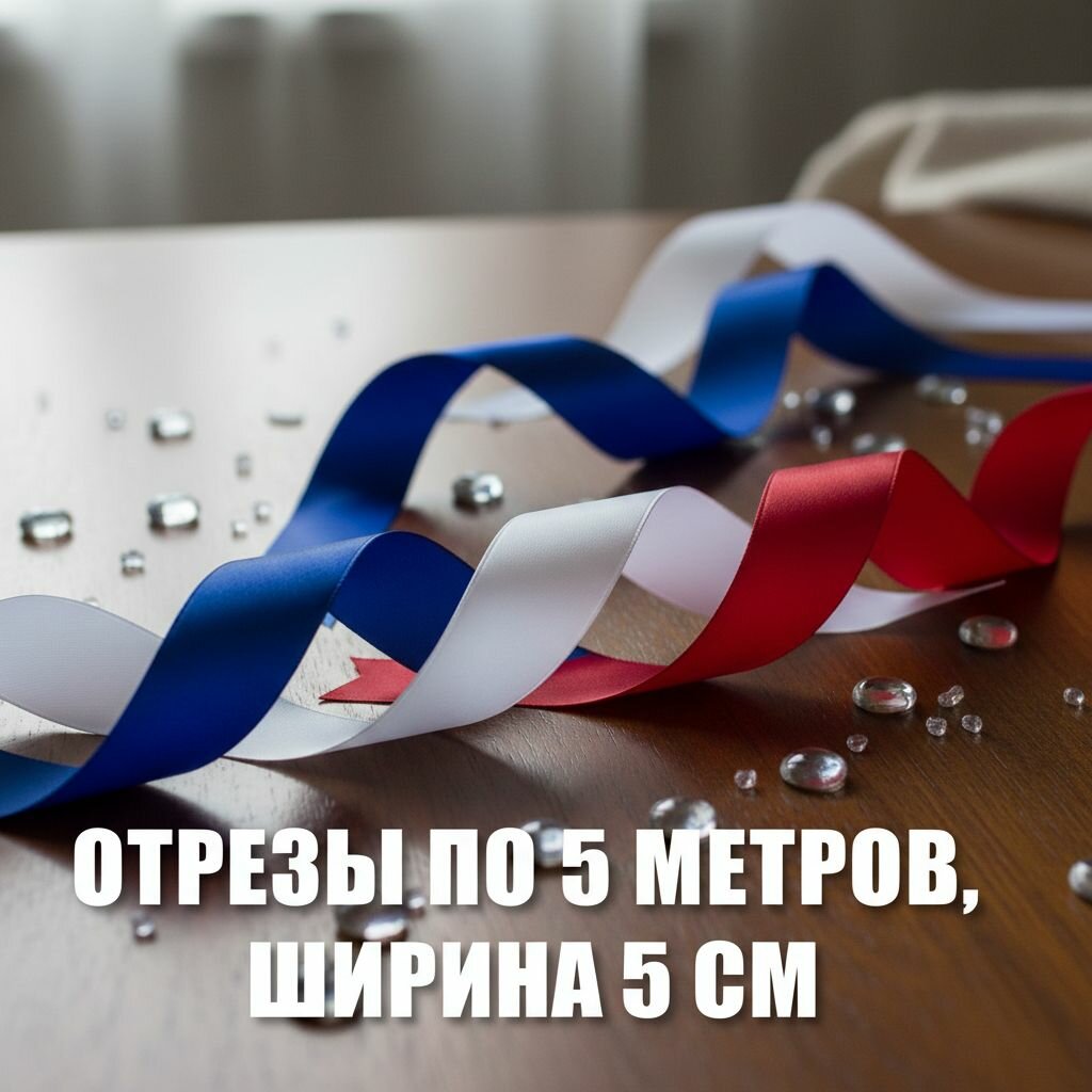 Лента атласная 5 см триколор 3 цвета по 5 метров ширина (белый, синий, красный)