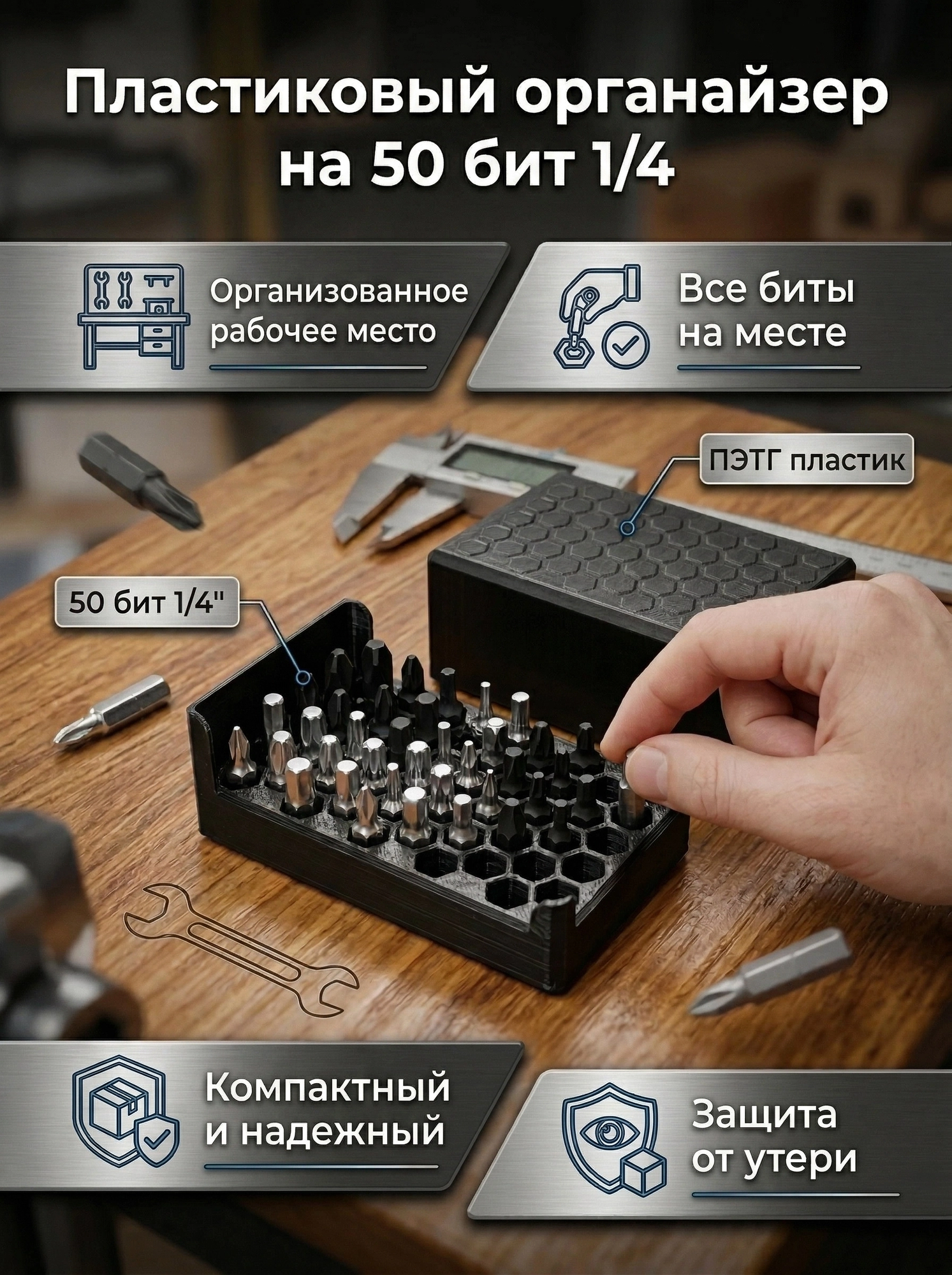 Коробочка для 50 бит 1/4, пластиковый органайзер, компактный размер