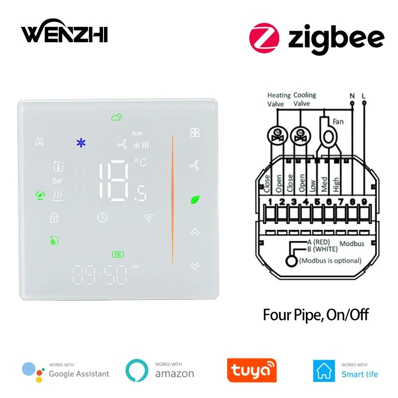 Термостат для кондиционера Zigbee/WiFi, вентиляторно-коильный блок, контроллер температуры труб для охлаждения/отопления дома, управление умным домом Tuya Smart Life — белый, 4 трубы, ZigBee