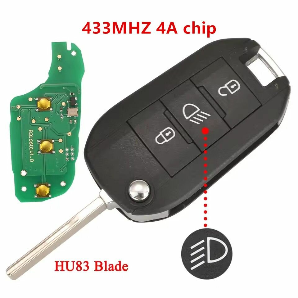 Ключ зажигания Peugeot/Citroen 3 кнопки 433 МГц чип HITAG AES HU83 запасной для 308 3008 Expert C4 Cactus 508 и др