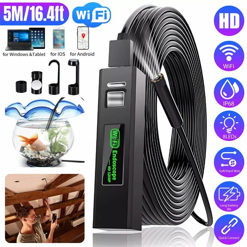 Беспроводной эндоскоп, Wi-Fi, Бороскоп, Инспекционная камера, 1200P, HD, IP68, водонепроницаемая камера-змея с 8 светодиодами для Android, IOS, планшетный ПК