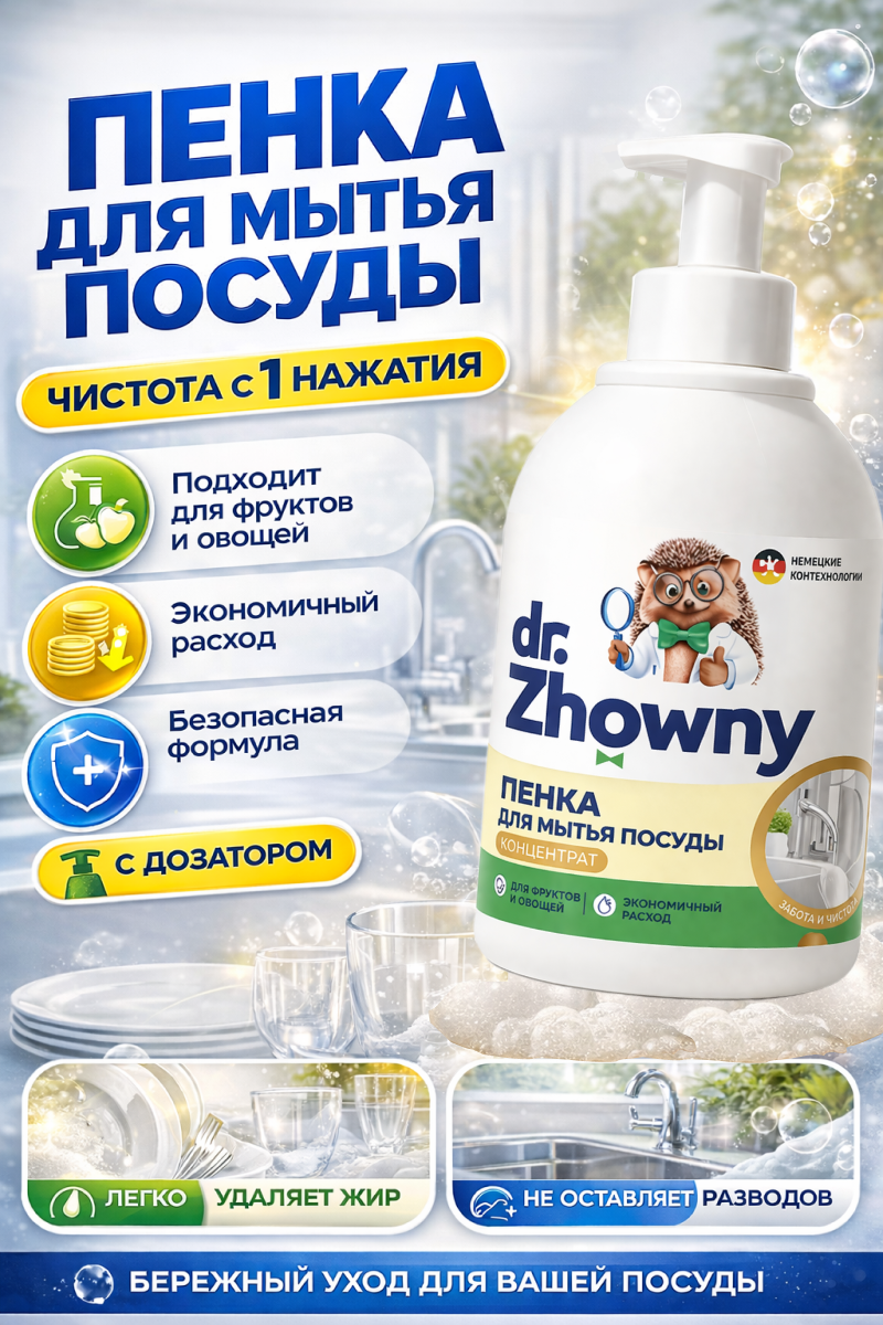 Пенка для посуды Dr.Zhowny 0.5 л, для мытья детской посуды, безопасно для животных