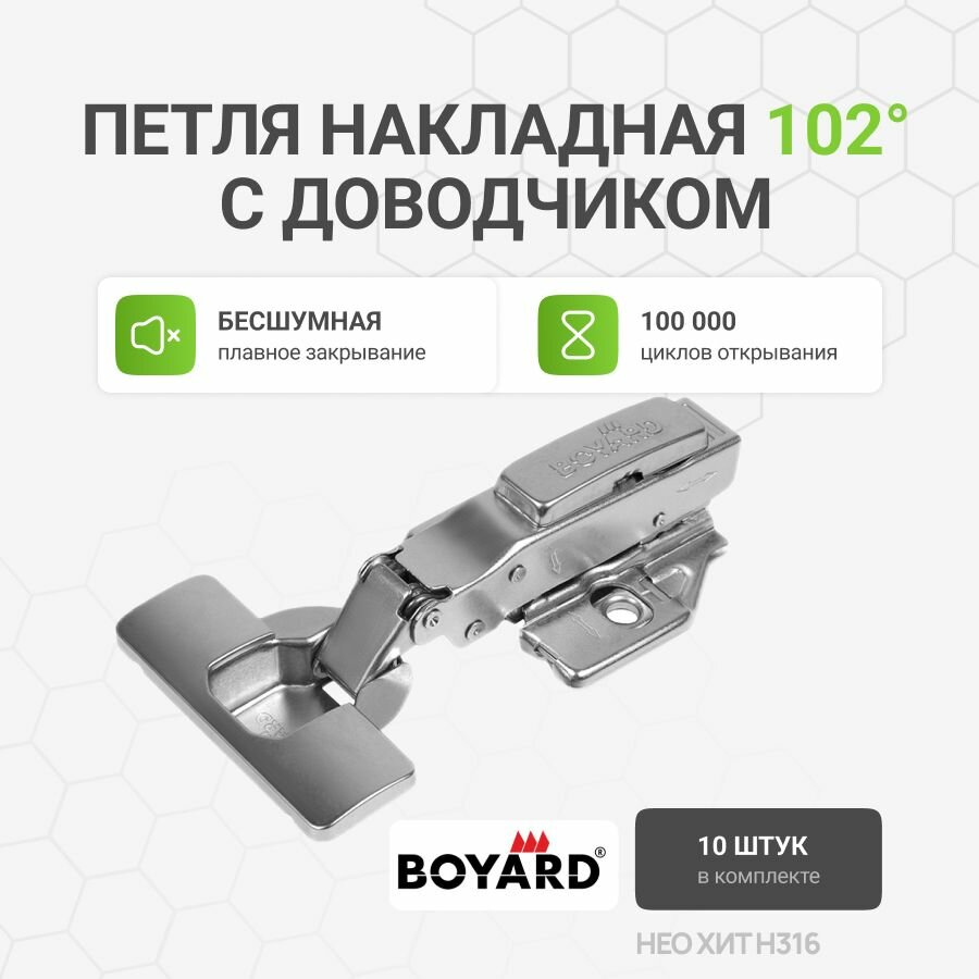 Петля мебельная накладная BOYARD НЕО ХИТ H316A02 с доводчиком и крепежной фурнитурой 102 градуса 10 шт