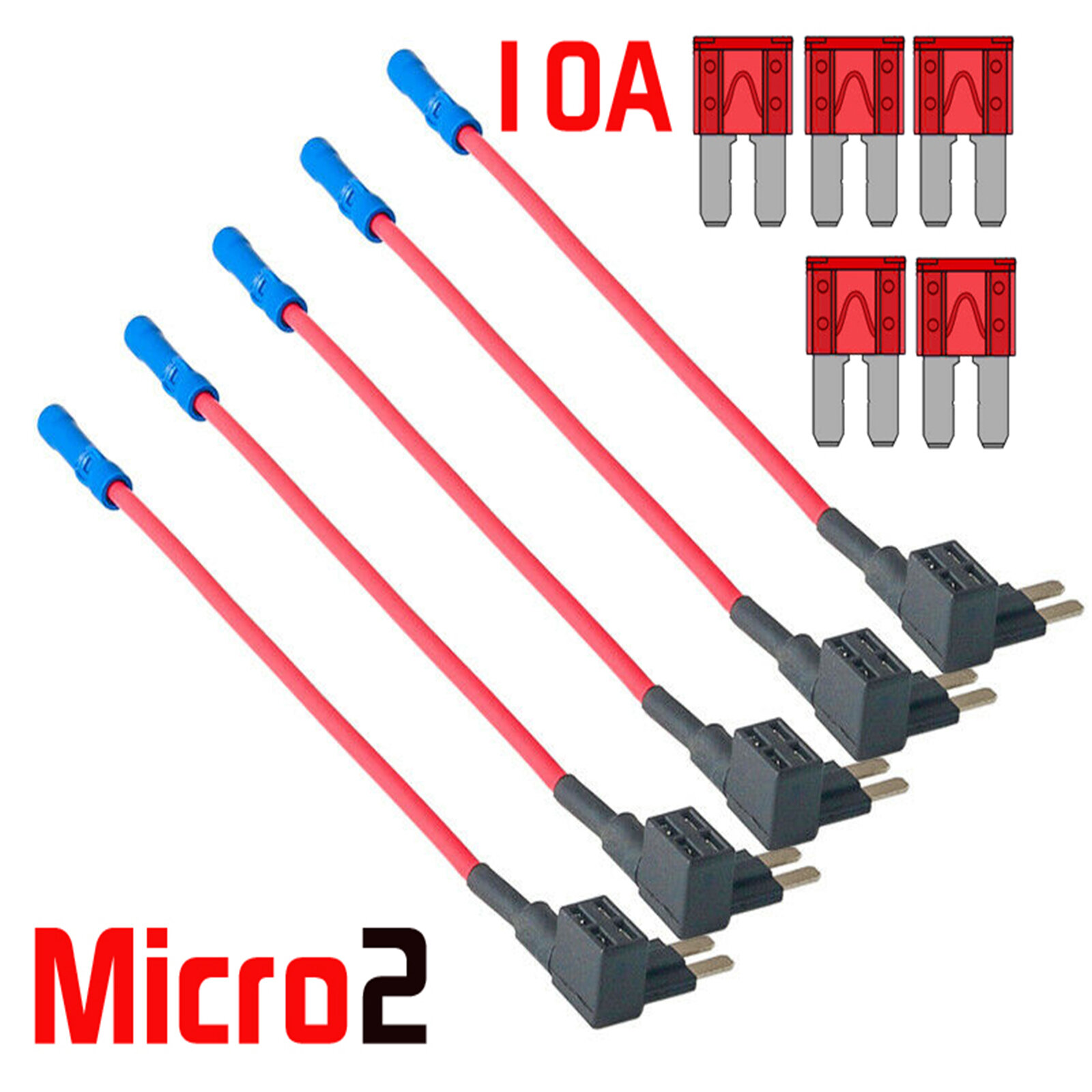 Набор адаптеров предохранителей Micro2 12V 10A — 5 шт с ответвлением 16AWG для подключения автомобильных аксессуаров