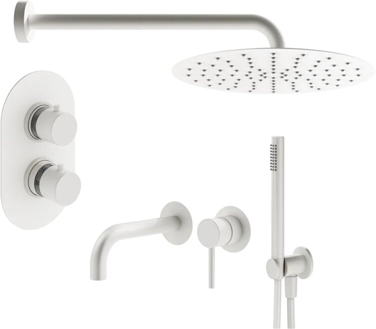 Комплект для ванной Plumberia Selection Ixo KITXOT18BO210 5 в 1, встраиваемый, с внутренней частью в комплекте, с термостатом, со смесителем, с тропическим душем, латунный, белый, матовый, душевая сис
