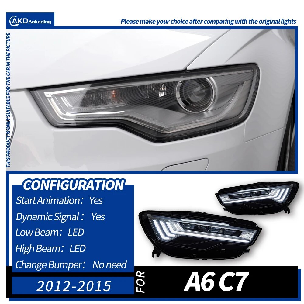 Фара AKD для Audi A6 C7 LED-фара 2012-2018 Фары A6 C7 Дневной ходовой огонь转向灯远光灯 Ангельский глаз Проекторный линза
