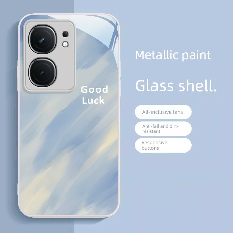 Чехол для iQOO Neo10 Pro+ с синей основой металлическим лаком и защитным стеклом, серебристый