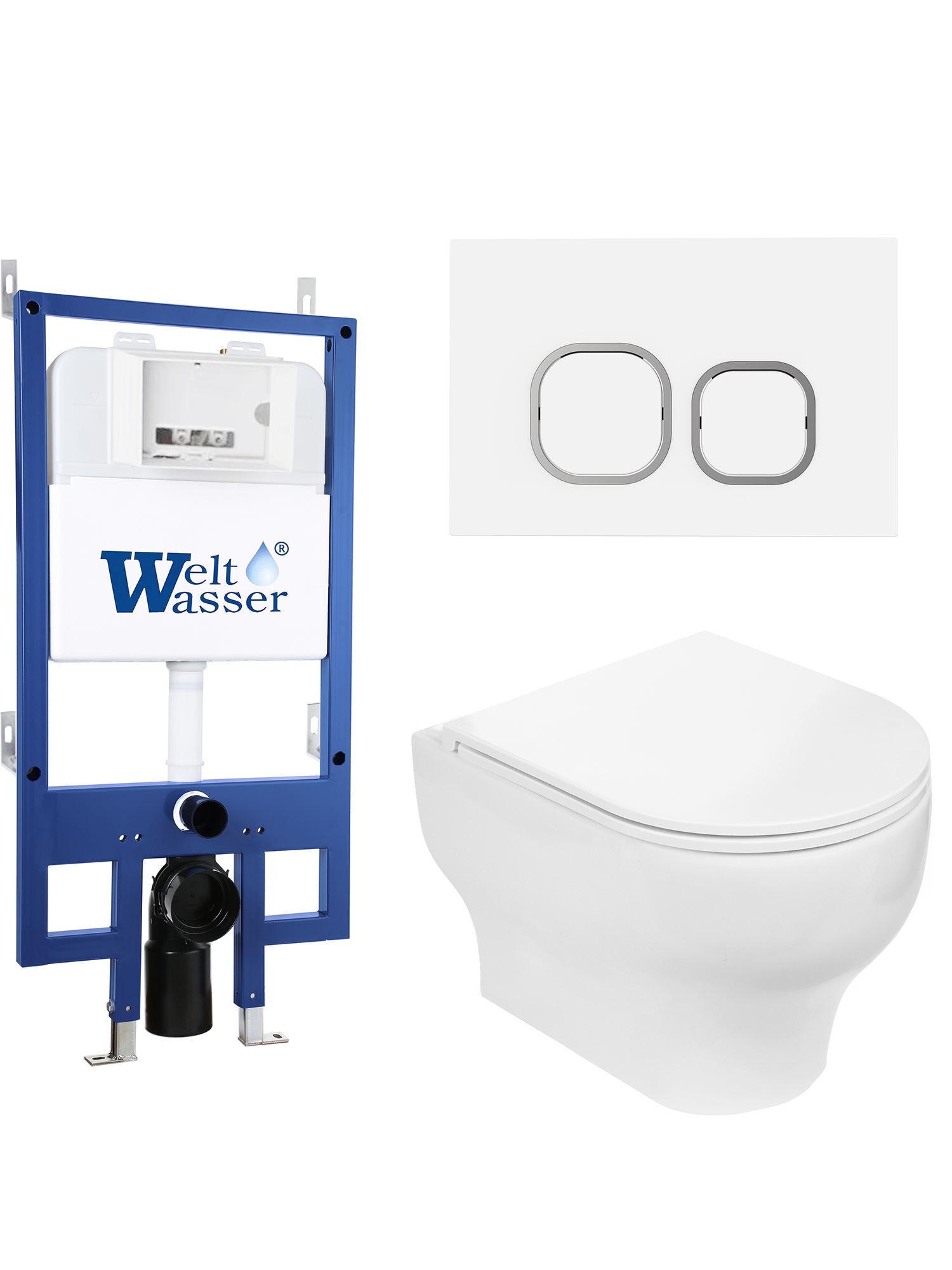 Комплект 3 в 1 Унитаз подвесной WeltWasser ERLENBACH 004 GL-WT безободковый+Инсталляция BAMBERG 545 с кнопкой BAMBERG WT белая матовая