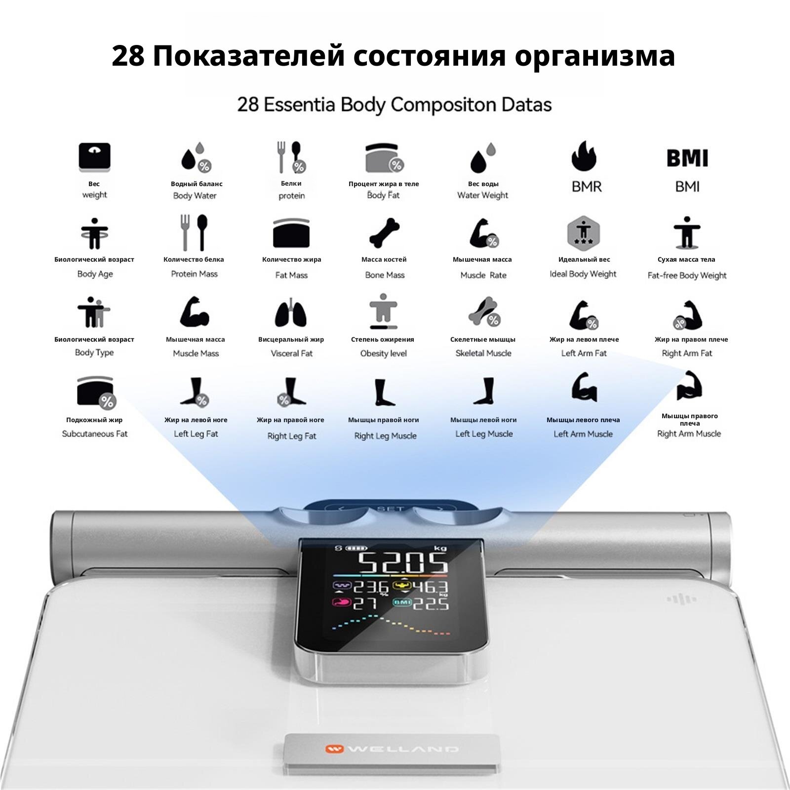 Умные напольные весы с Bluetooth и измерением жира Смарт-весы диагностические для тела 28 параметровдо 180 кгИМТ белое
