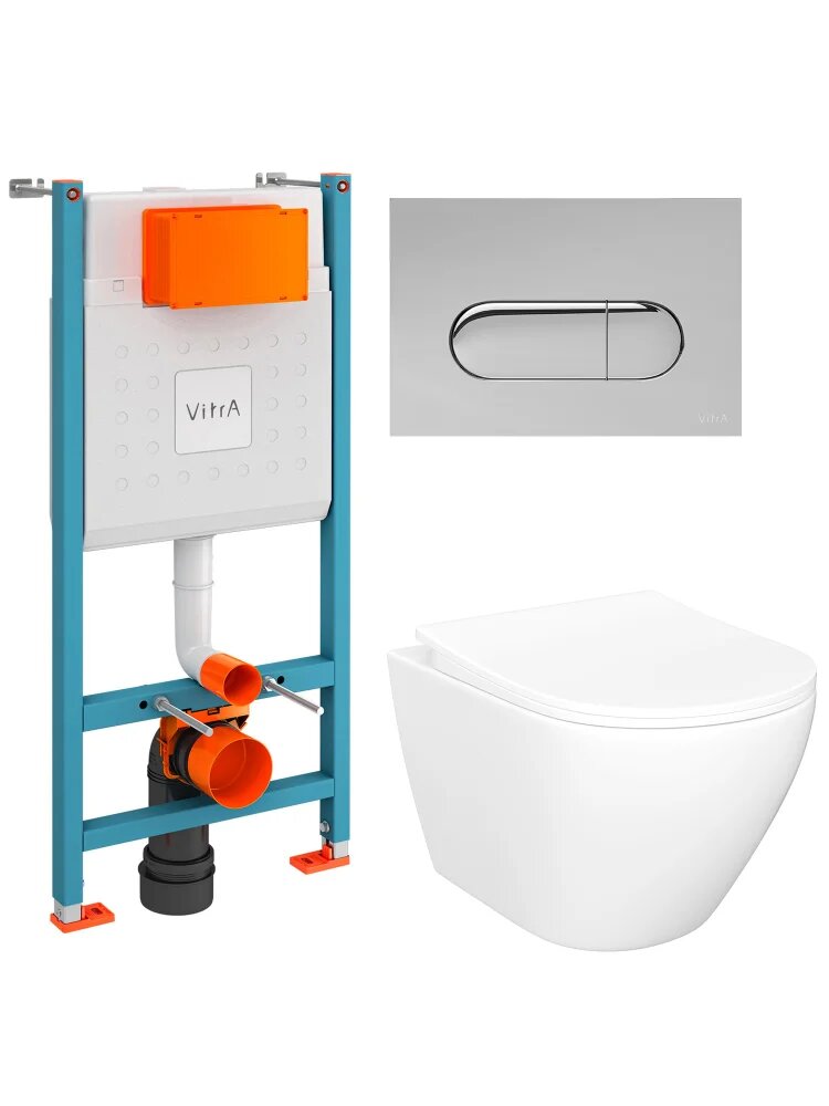 Комплект 4 в 1: Инсталляция VitrA Ви-Фикс Кор (V-Fix Core) 732-5800-01 / Унитаз подвесной STWORKI Кронборг S28401WH безободковый, с микролифтом / Кнопка Рут Раунд (Root Round) 740-2280, хром, Комплект креплений