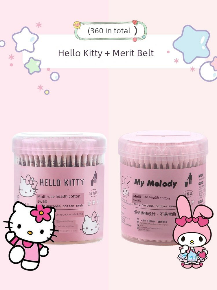 Ватные палочки Sanrio Kuromi Hello Kitty Cinnamoroll для чистки ушей и макияжа, двухсторонние одноразовые ватные