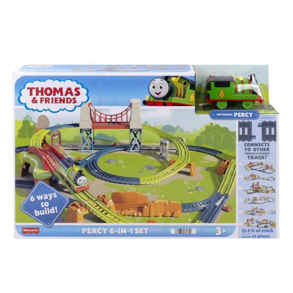 Fisher-Price Thomas and Friends Percy 6-in-1 Set , с моторизованным двигателем игрушечного поезда и 6 дорожками