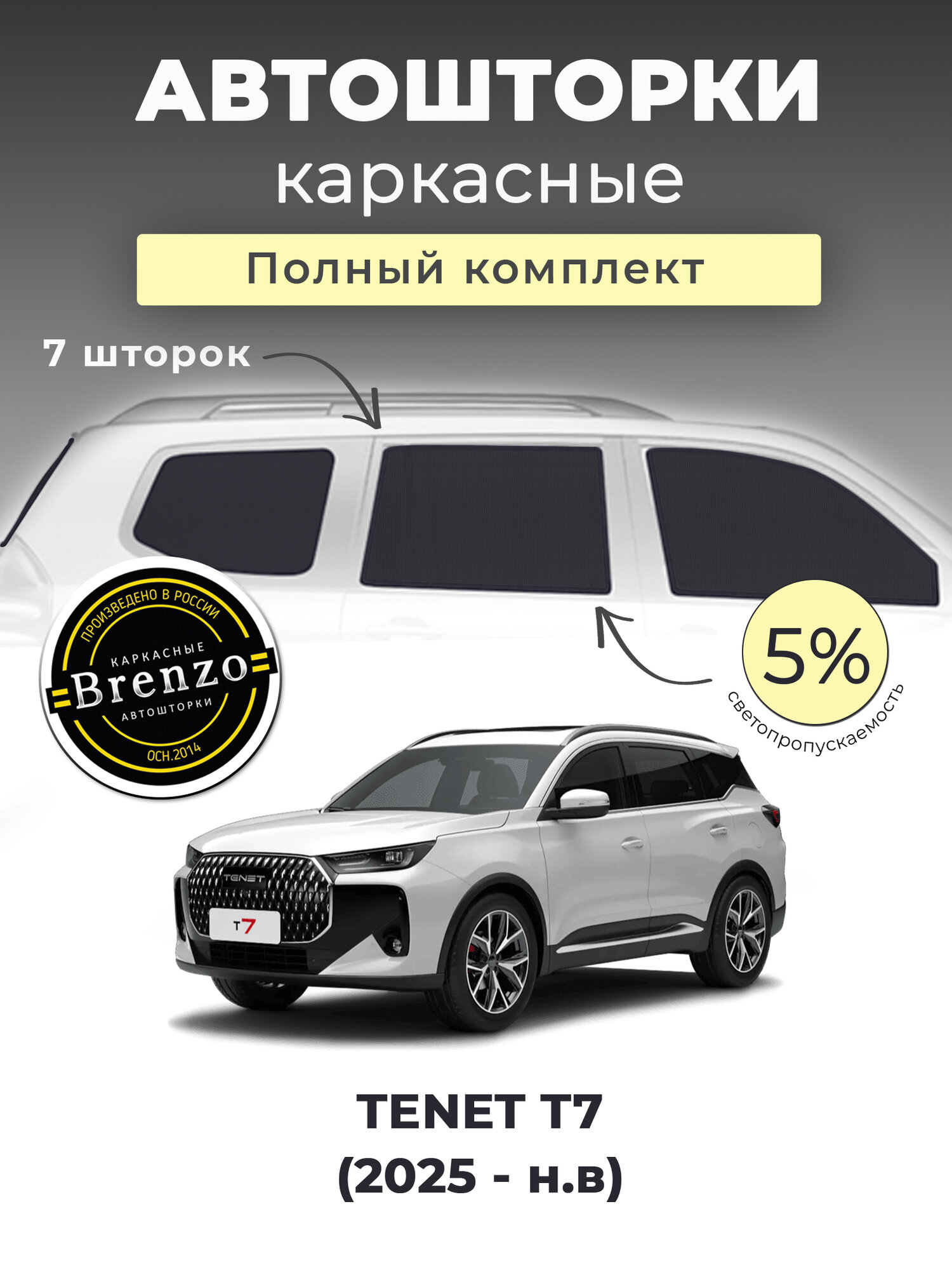 Каркасные шторки TENET T7 (2025 - н. в) полный комплект 5%, сетки от солнца в машину