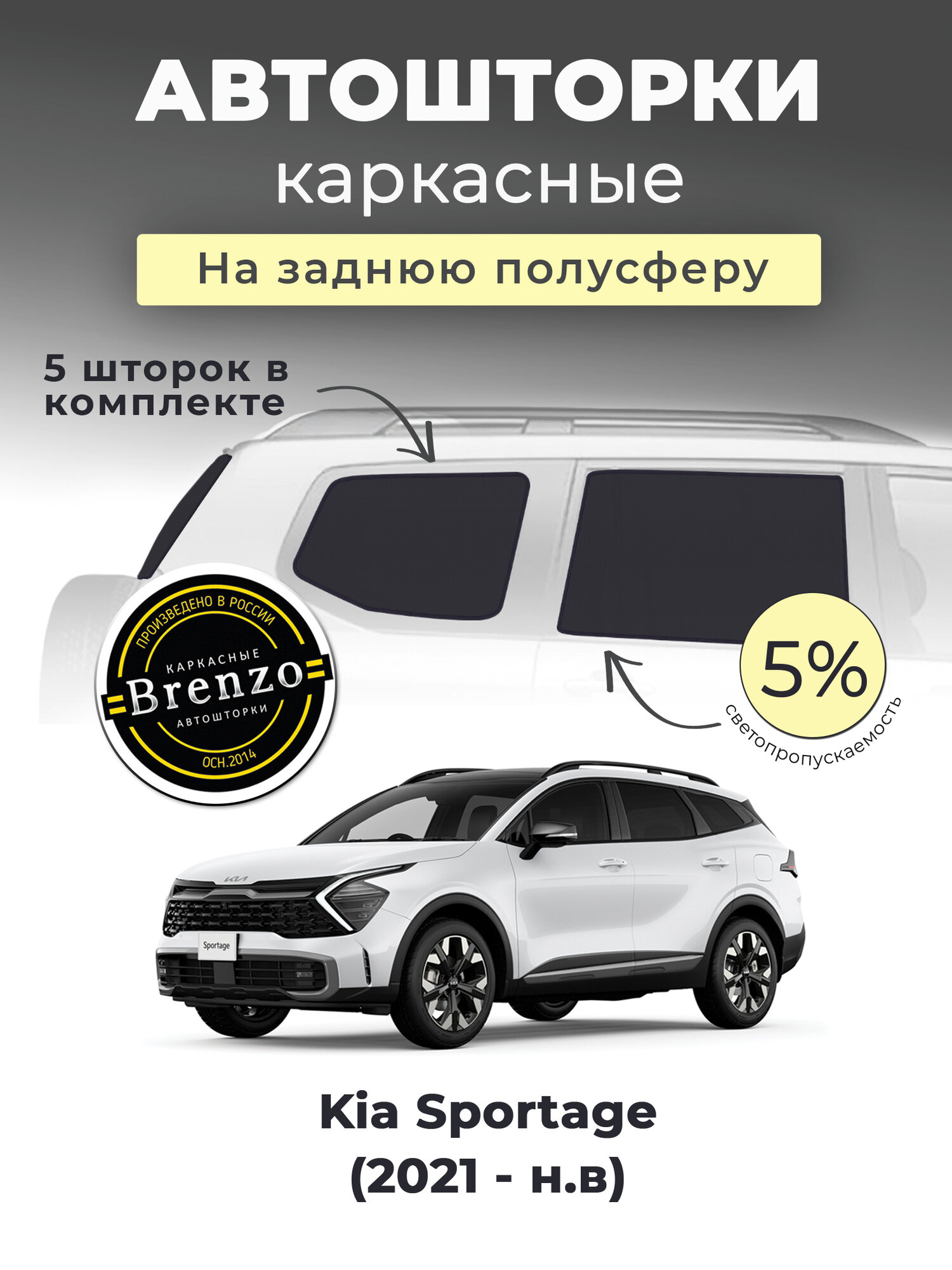Каркасные шторки Kia Sportage (2021 - н. в) на заднюю полусферу 5%, сетки от солнца в машину